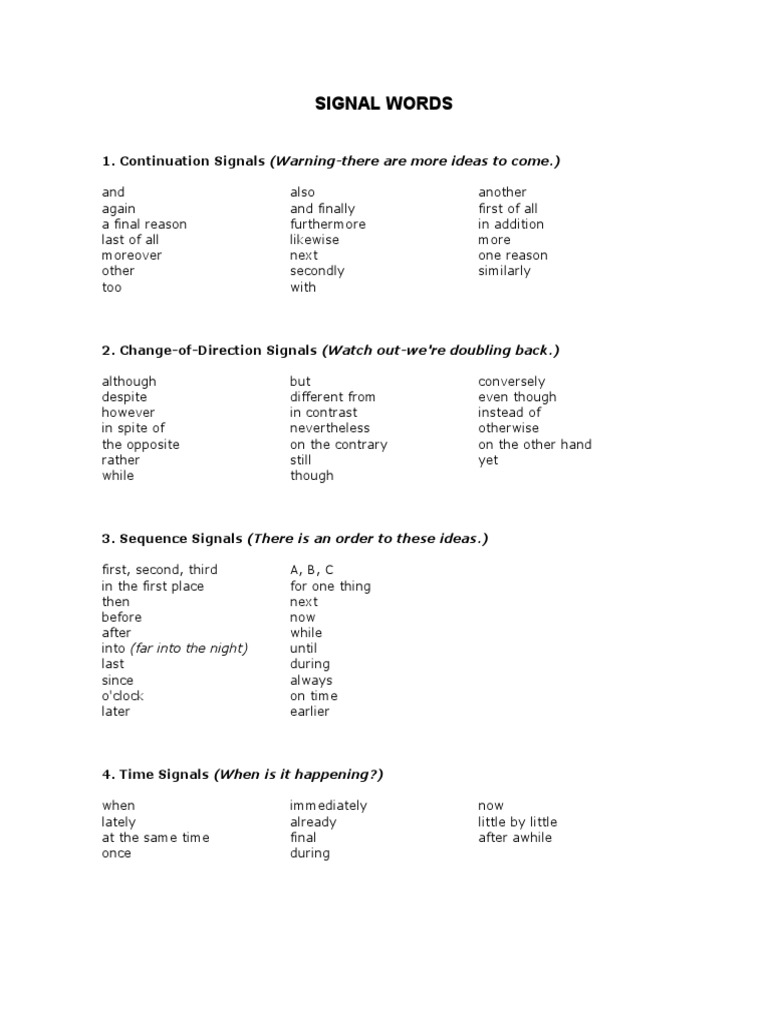 Signal Words - Types and Examples | PDF | Cigarette | Pizza