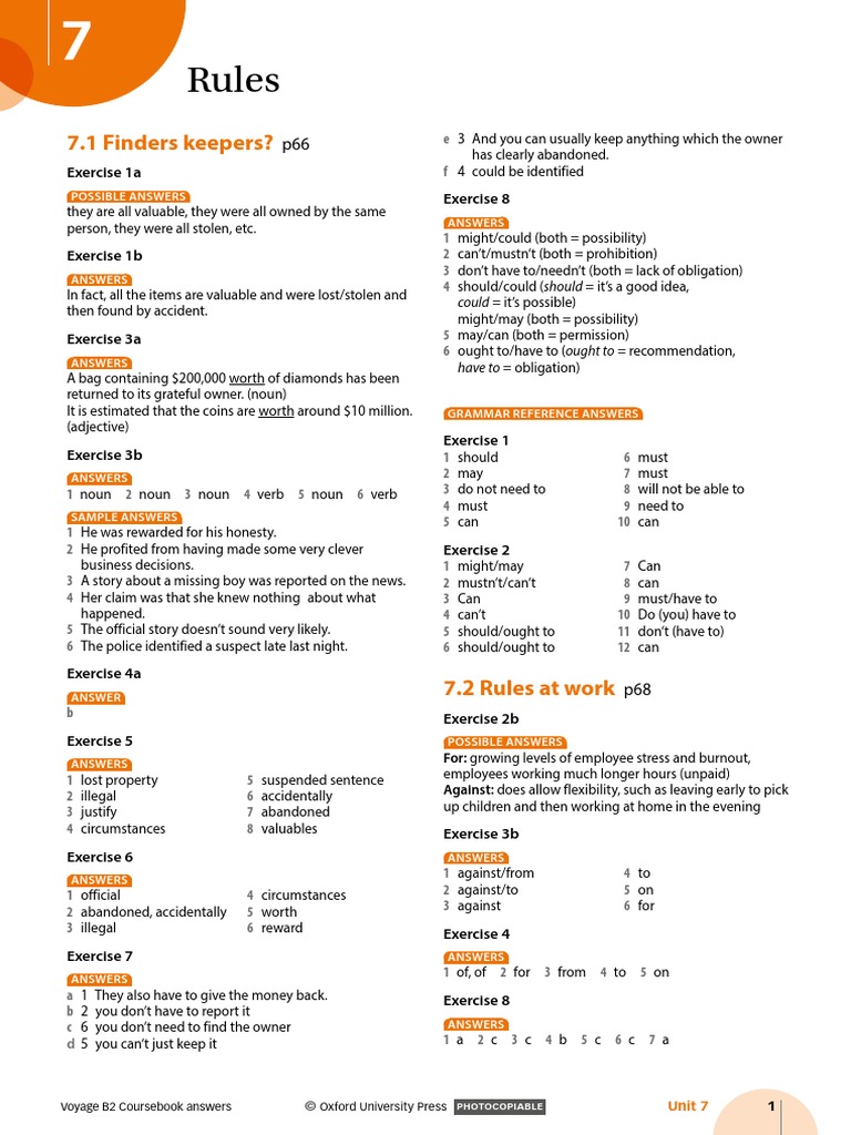 Voyage B2 Answer Key U7 | PDF