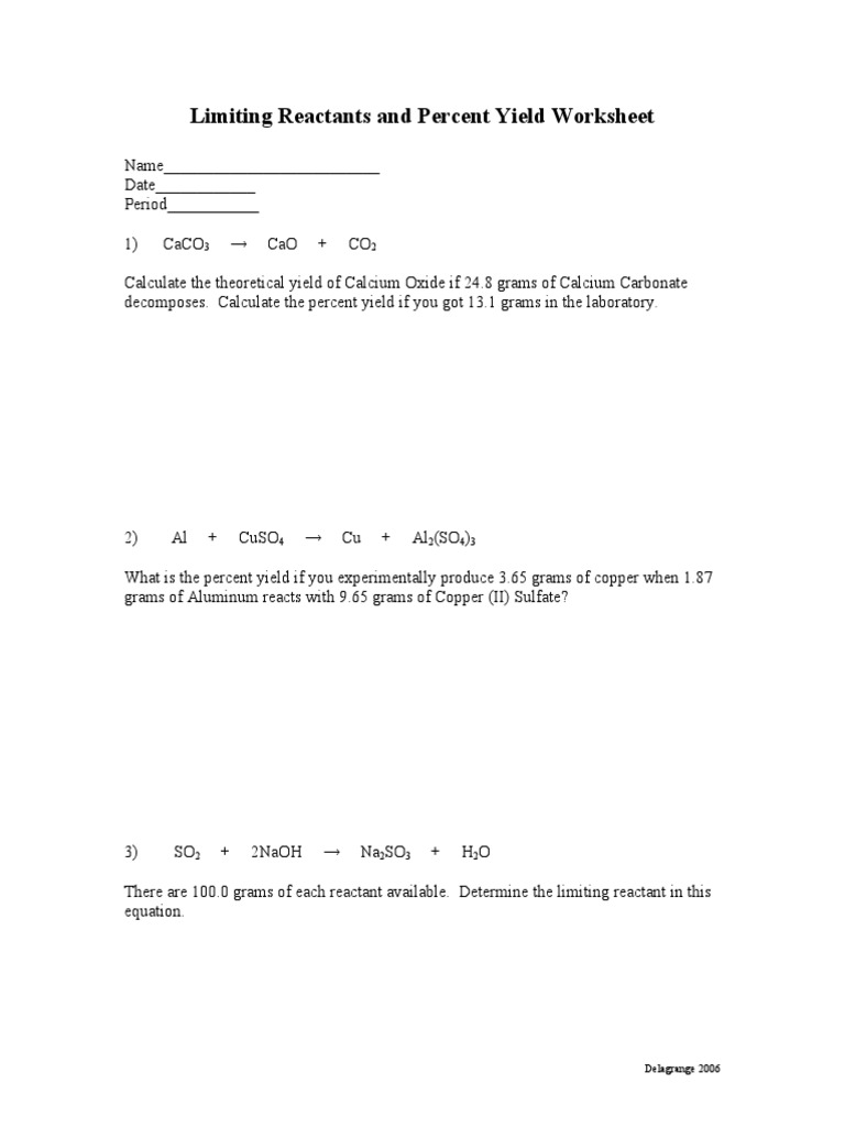 Limiting Reactants and Percent Yield Worksheet | PDF | Science ...