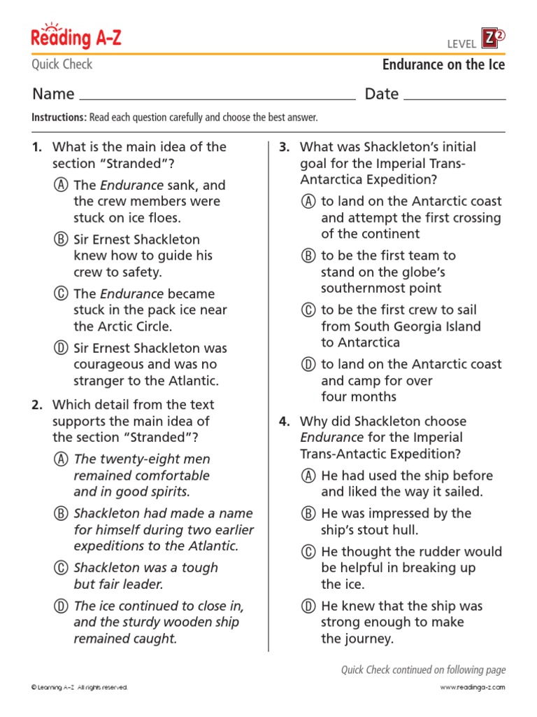 Comprehension Quiz | PDF | Ernest Shackleton | Expeditions