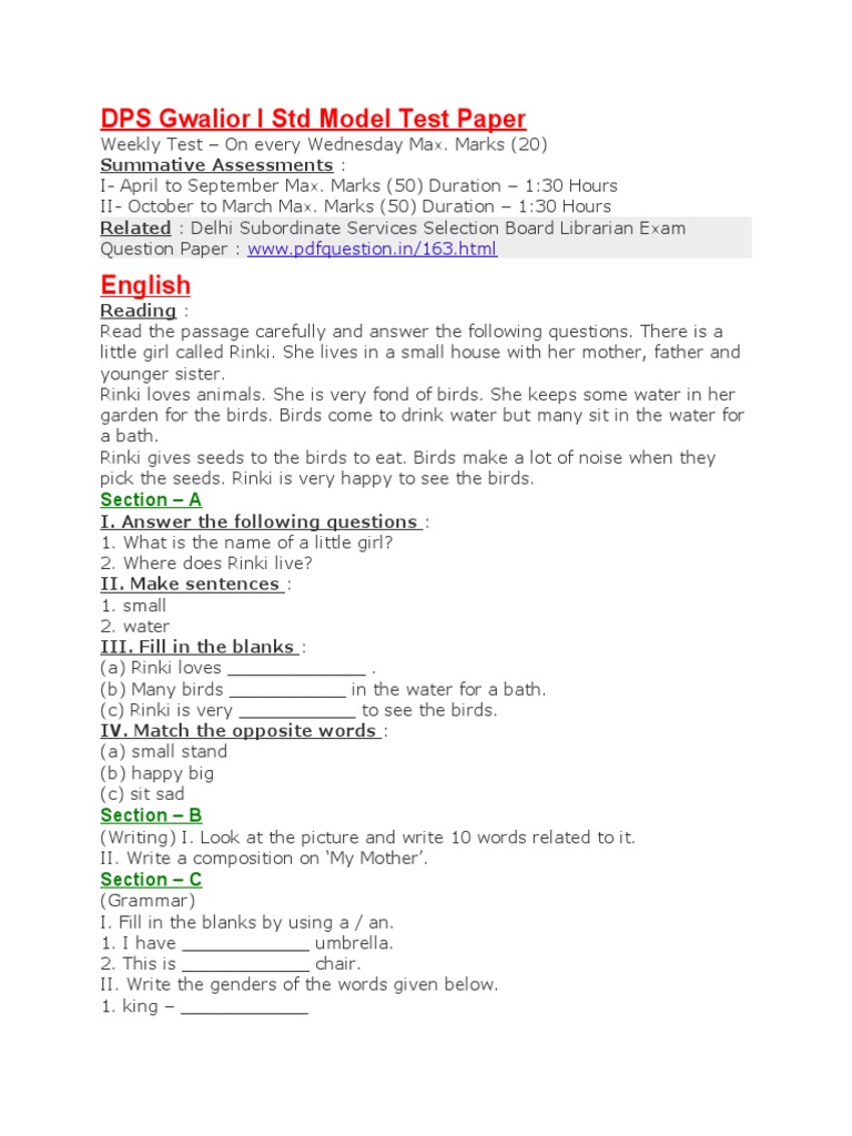 DPS Gwalior I STD Model Test Paper: Summative Assessments | PDF ...