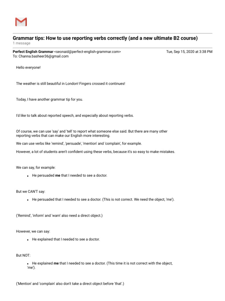 Gmail - Grammar Tips - How To Use Reporting Verbs Correctly (And A New ...