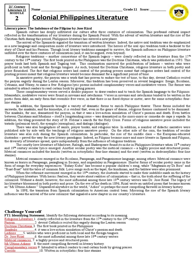 Module 2 Literature During The Spanish Period | PDF | Poetry | Philippines