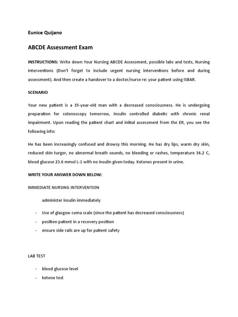 ABCDE Assessment Exam: Eunice Quijano | PDF | Breathing | Diabetes