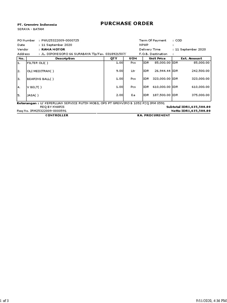 Purchase Order for Vehicle Service Parts | PDF
