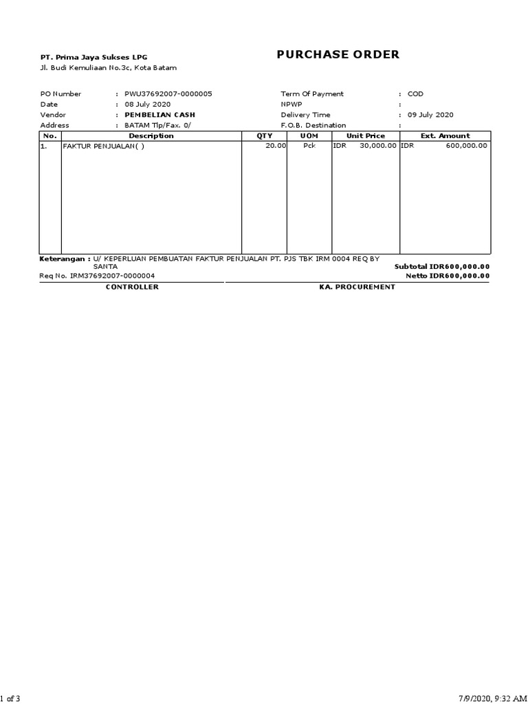 Purchase Order Pembelian Buku | PDF