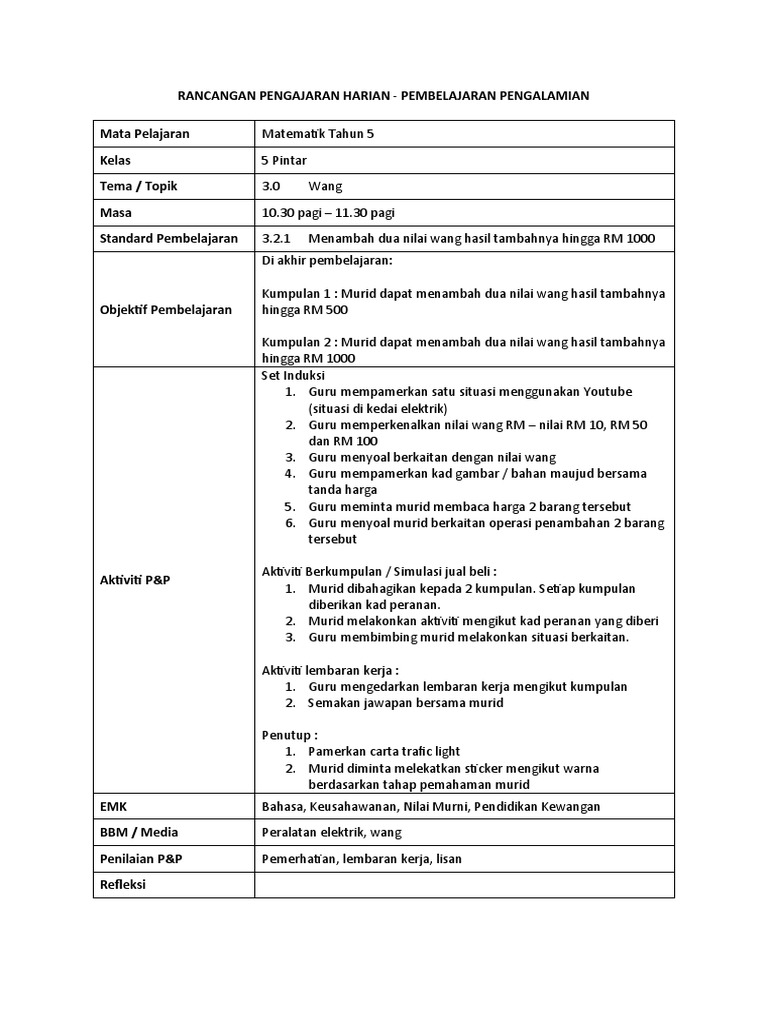 Rancangan Pengajaran Harian Matematik | PDF