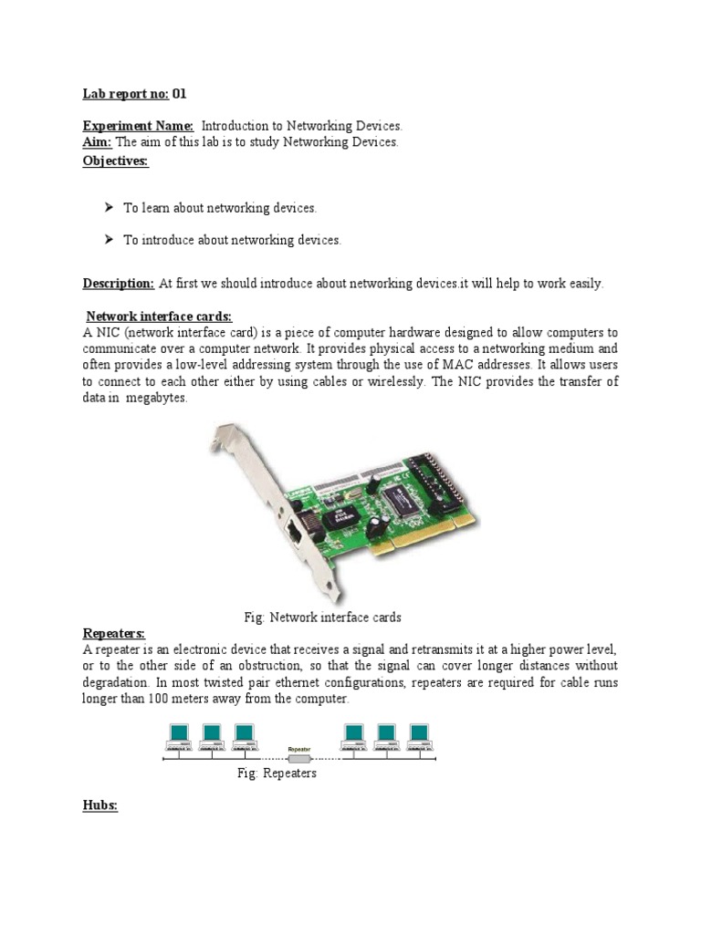 Lab Report No: 01 Experiment Name: Aim: The Aim of This Lab Is To Study Networking Devices ...