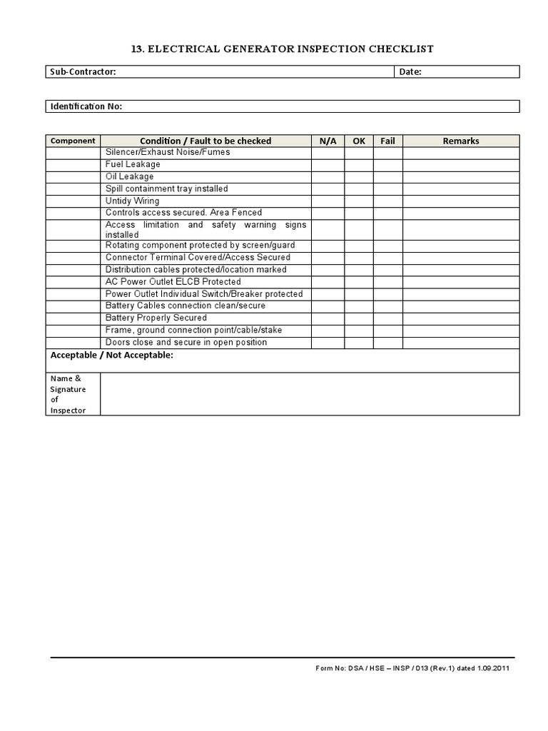 Generator Safety Inspection Checklist | PDF | Law | Computers