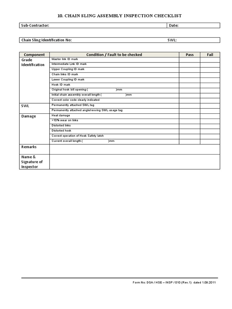 Chain Sling Assembly Safety Checklist | PDF | Technology & Engineering