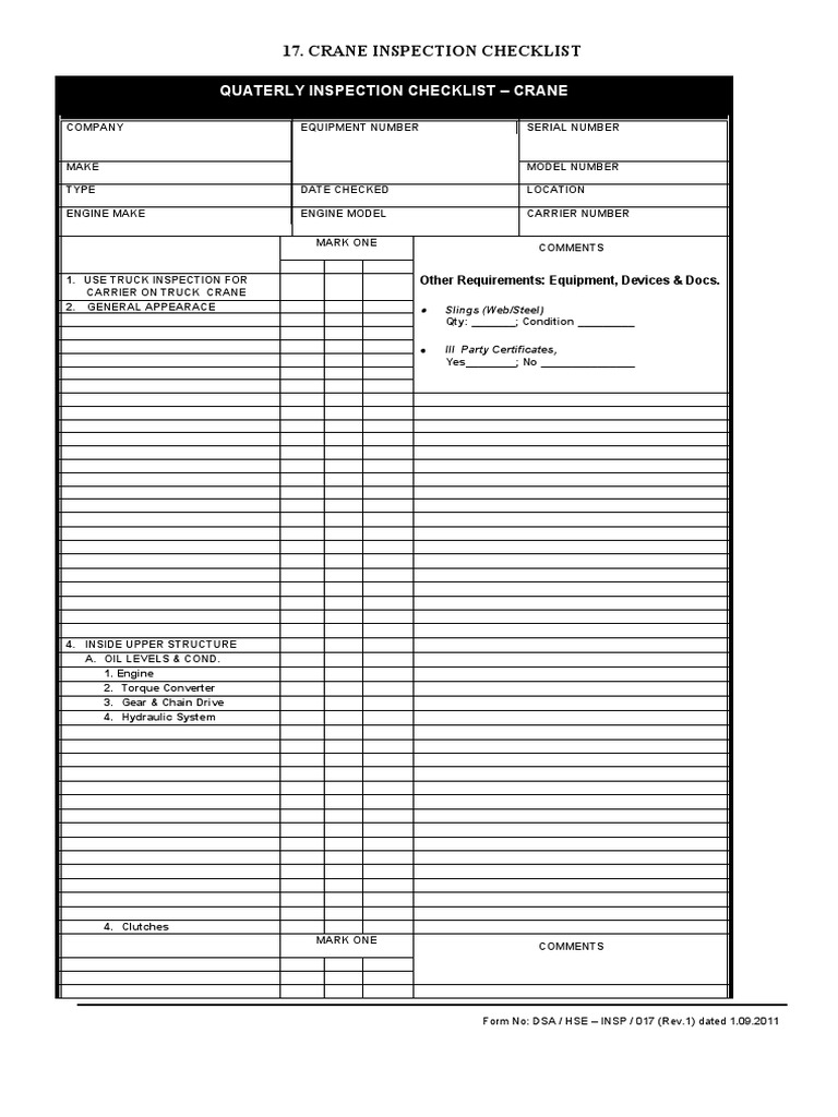 Quaterly Inspection Checklist - Crane | PDF | Computers | Technology & Engineering