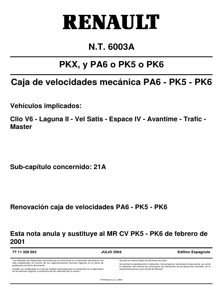 N.T. 6003A PKX, Y Pa6 O Pk5 O Pk6 Caja de Velocidades Mecánica PA6 - PK5 - PK6 | PDF ...