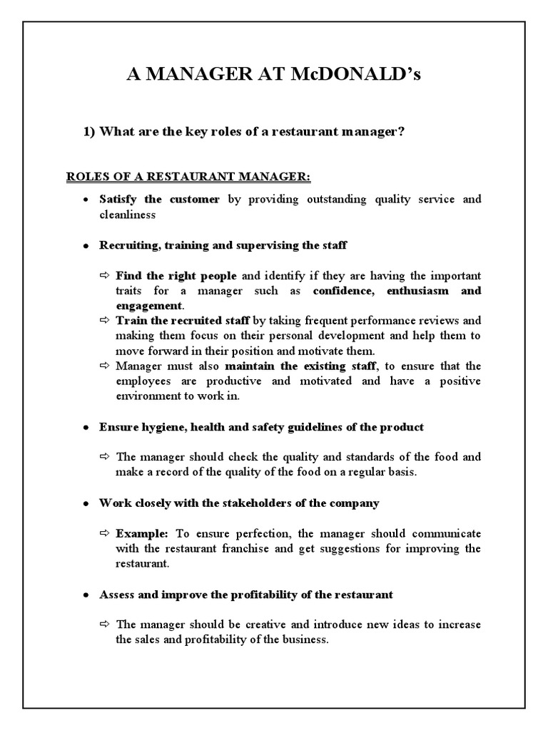 A Manager at Mcdonald'S: 1) What Are The Key Roles of A Restaurant ...
