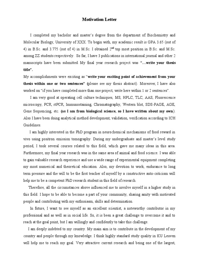Statement of Purpose or Motivation Letter | PDF | Thesis | Master's Degree