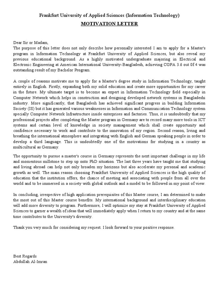 Motivation-Letter Fuas It | PDF | Master's Degree | Science