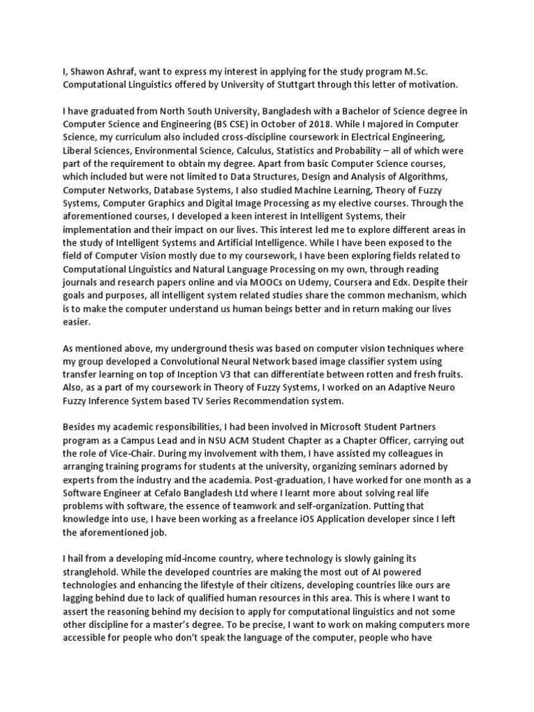 Motivation Letter MSC Computational Linguistics PDF | PDF | Computer ... Motivation Letter MSC Computational Linguistics PDF | PDF | Computer ...