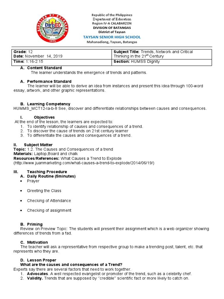 Lesson 3 Cause and Consequences of Trends | PDF | Learning | Teachers