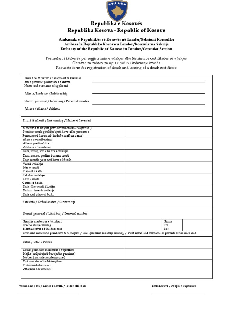 09a Formulari I Kerkeses Per Regjistrimin e Vdekjes | PDF