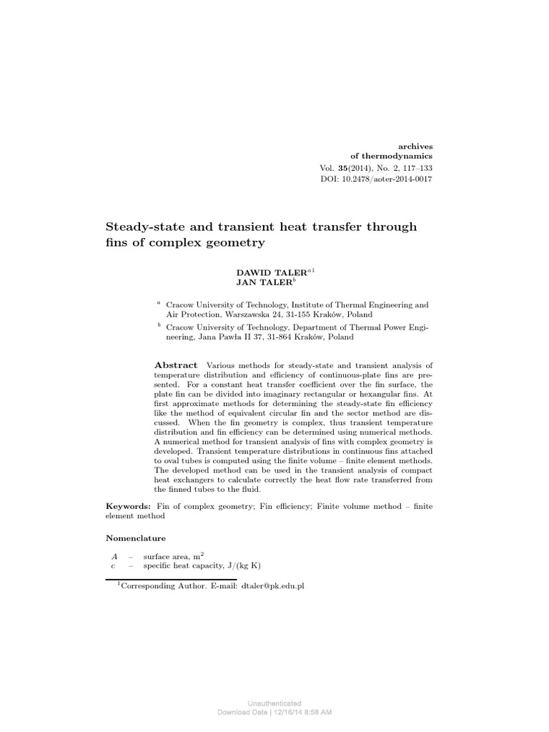 Steady-State and Transient Heat Transfer Through Fins of Complex ...