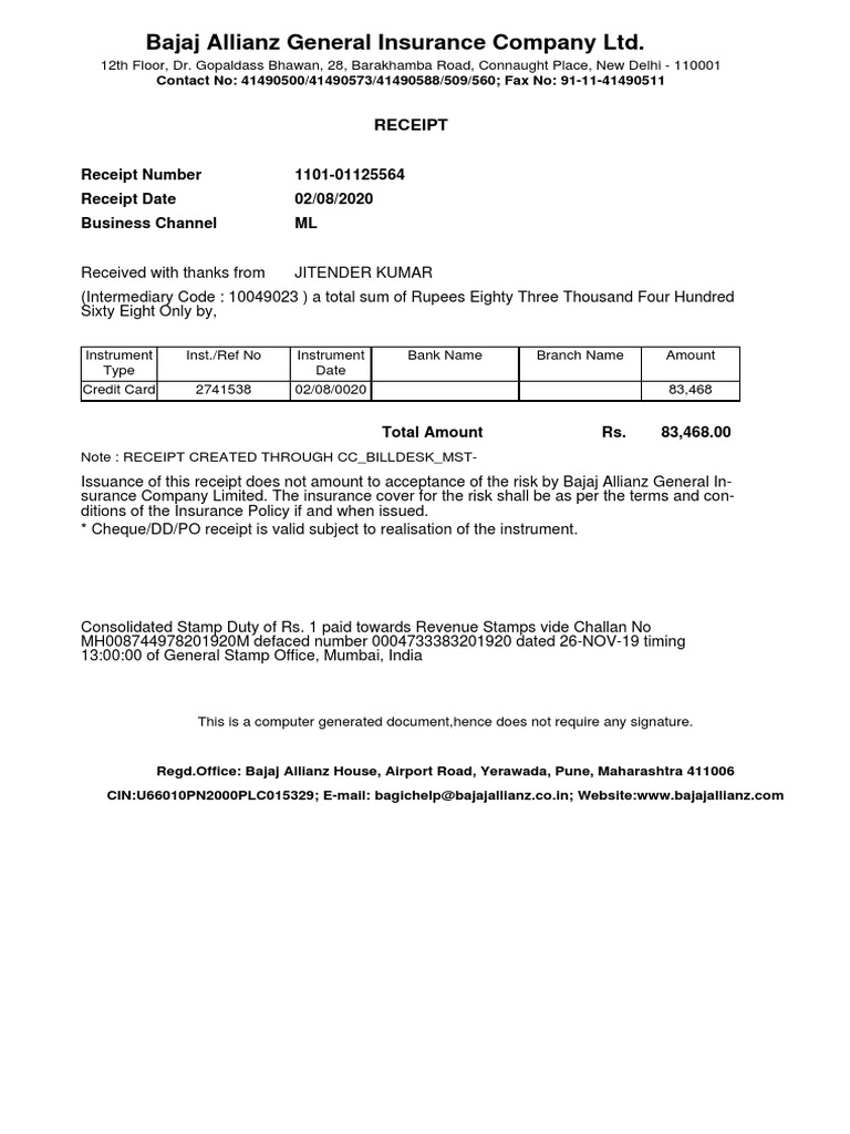 Bajaj Allianz General Insurance Company LTD.: Receipt | PDF
