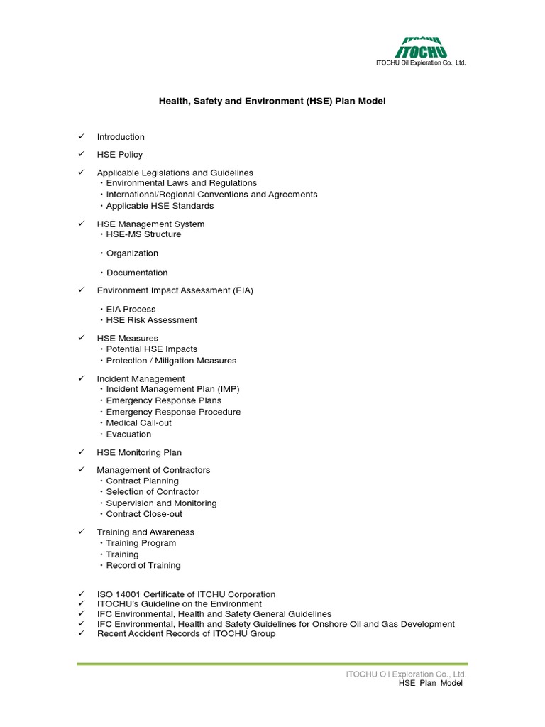 Health, Safety and Environment (HSE) Plan Model: ITOCHU Oil Exploration ...