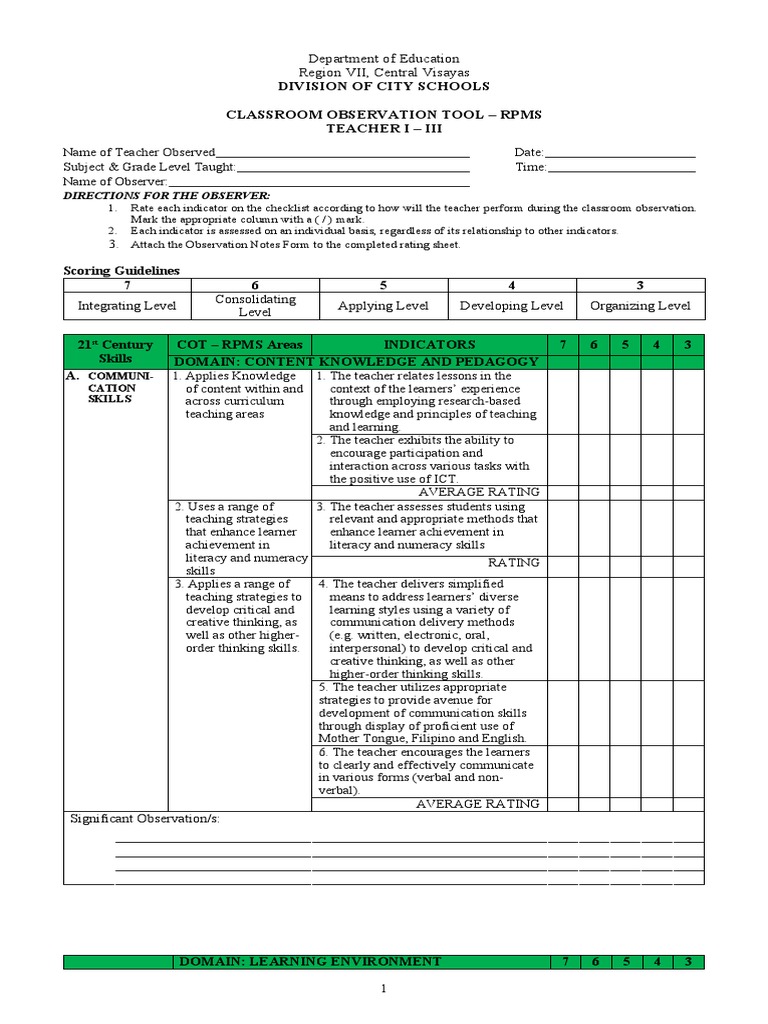 Classroom Observation Tool for Teacher Evaluation and Professional ...