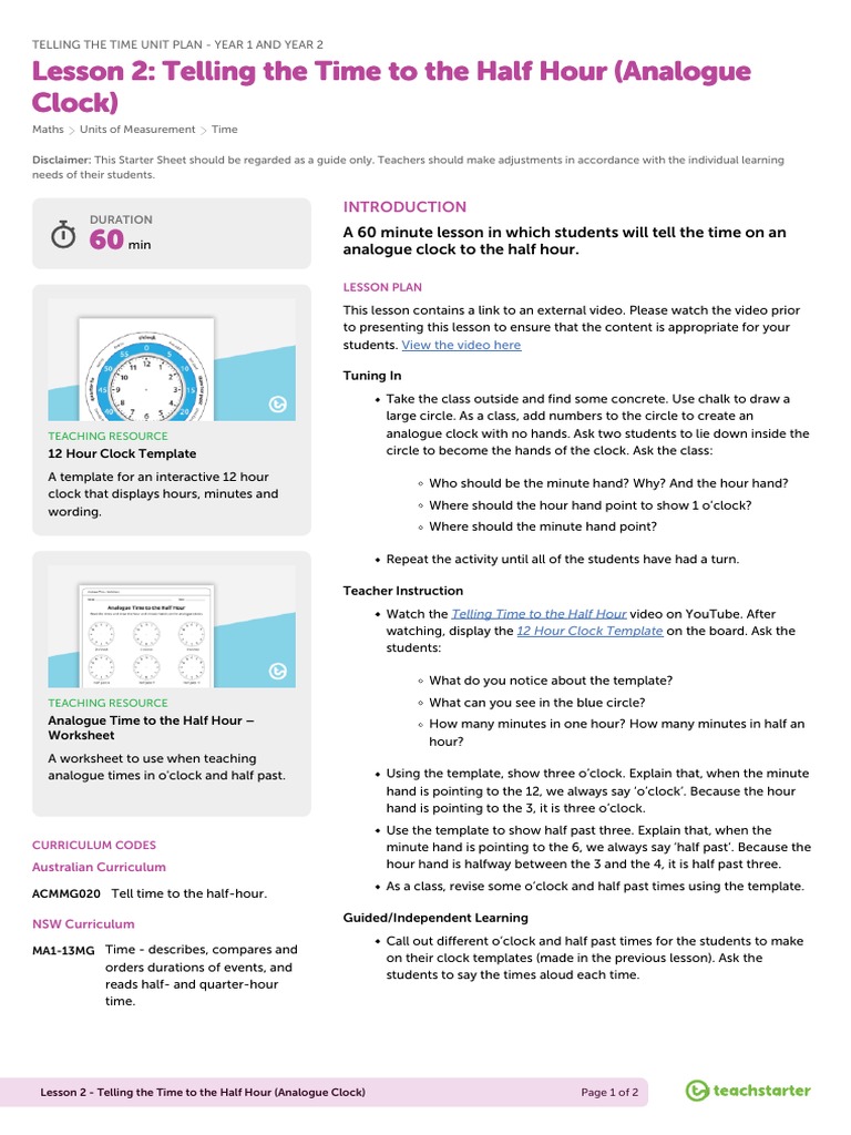 Teaching Analogue Time: Half Hour Lesson | PDF | Hour | Clock