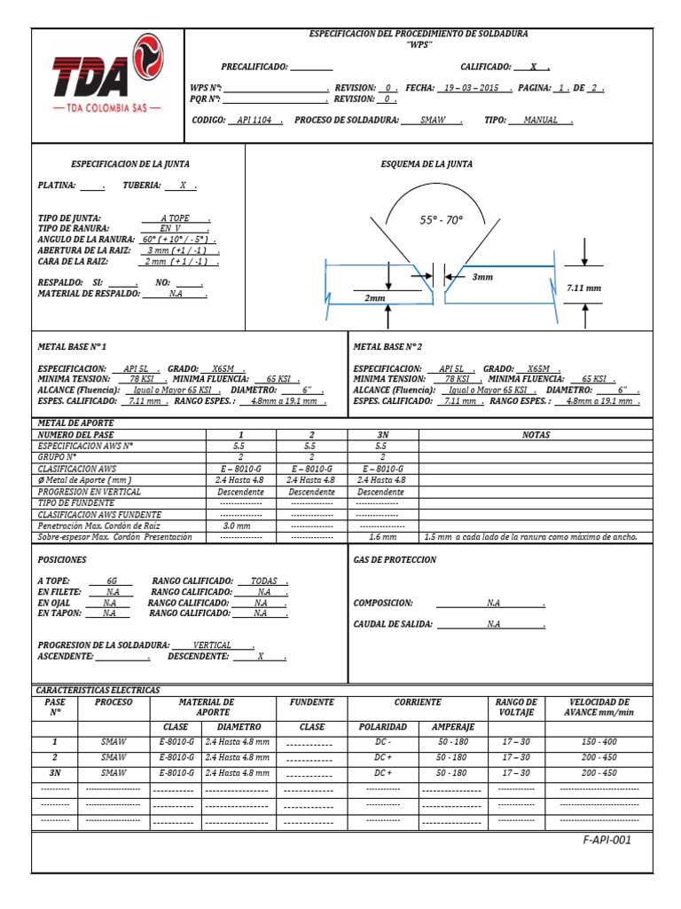 WPS - Smaw - Api - 1104 - 6 - Tda | PDF | Soldadura | Construcción