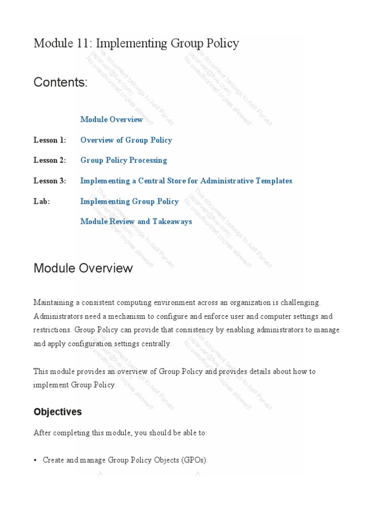Module 11: Implementing Group Policy | PDF | Group Policy | Windows Registry