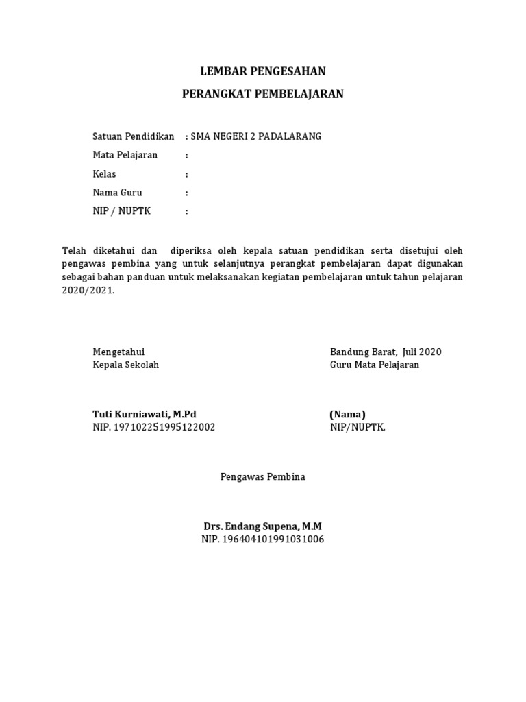 Contoh Lembar Pengesahan Perangkat Pembelajaran | PDF | Karier & Perkembangan | Kesehatan Holistik