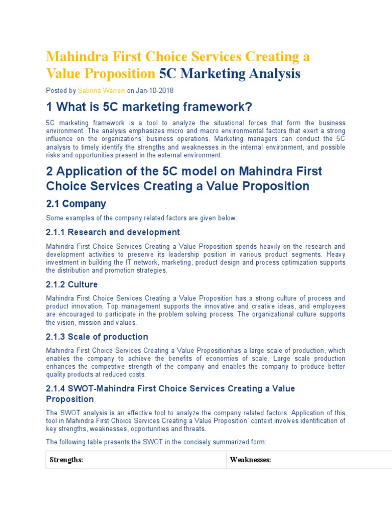 Mahindra First Choice Services Creating A Value Proposition | PDF ...