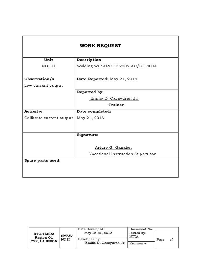 Welding WIP Calibration Request | PDF