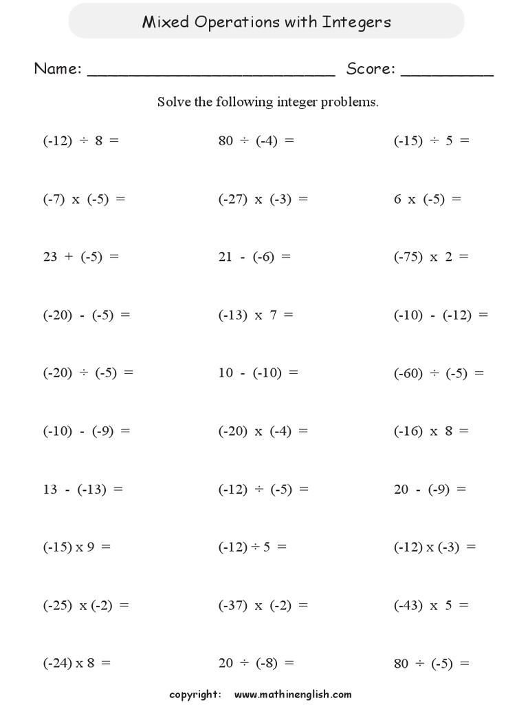 Integer Mixed Operations Worksheet | PDF