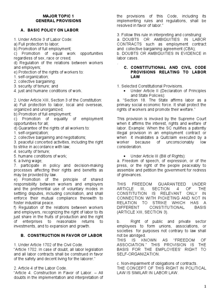 Major Topic 1 General Provisions A. Basic Policy On Labor | PDF ...