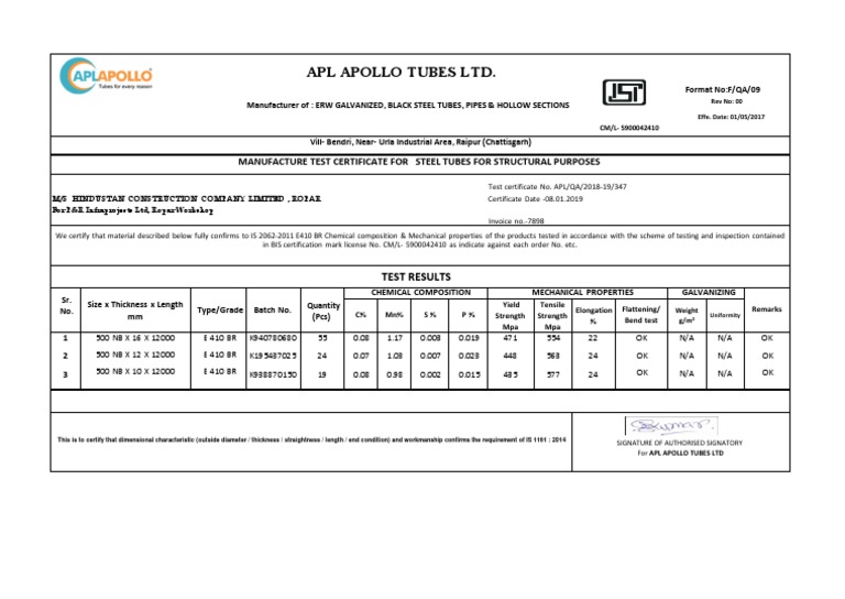 Apl Apollo Tubes LTD.: Manufacture Test Certificate For Steel Tubes For ...