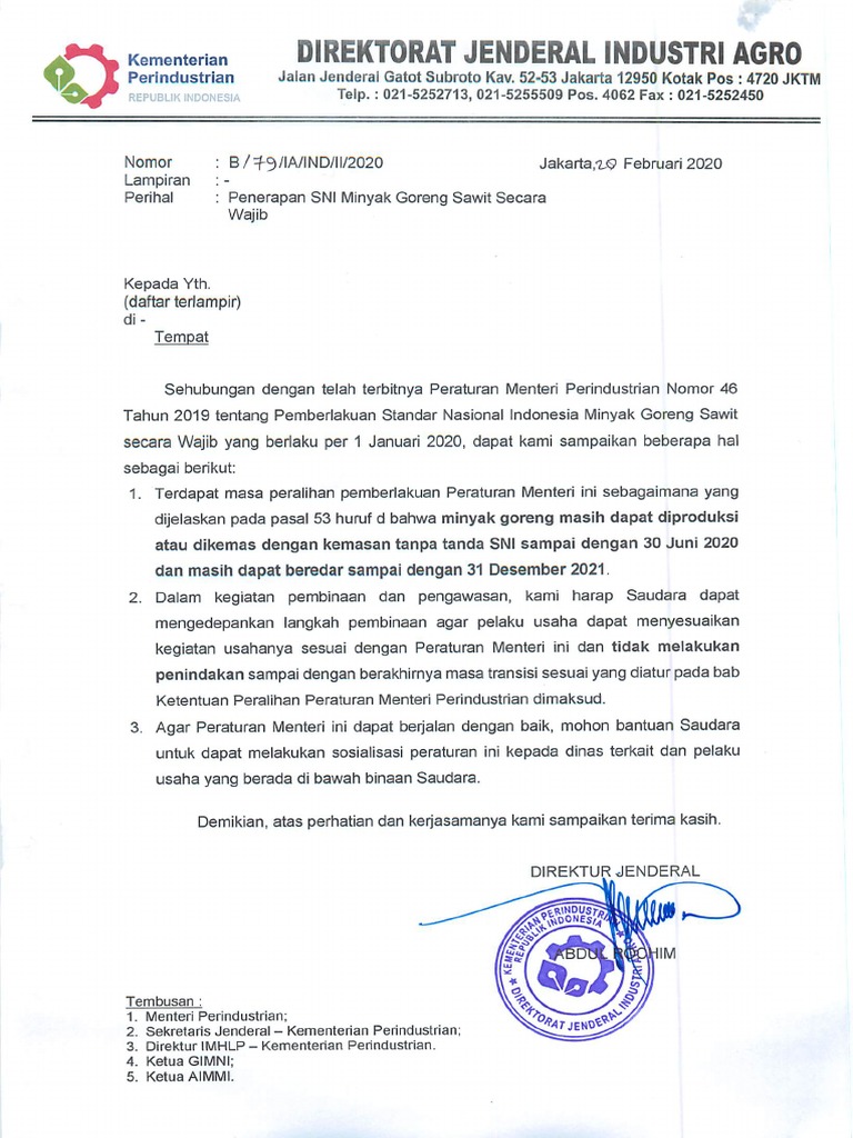 Surat Dirjen IA Hal Penerapan SNI Minyak Goreng Sawit Secara Wajib | PDF