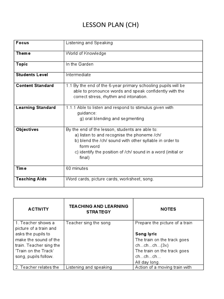 Lesson Plan (CH) : Focus Theme Topic Students Level Content Standard ...