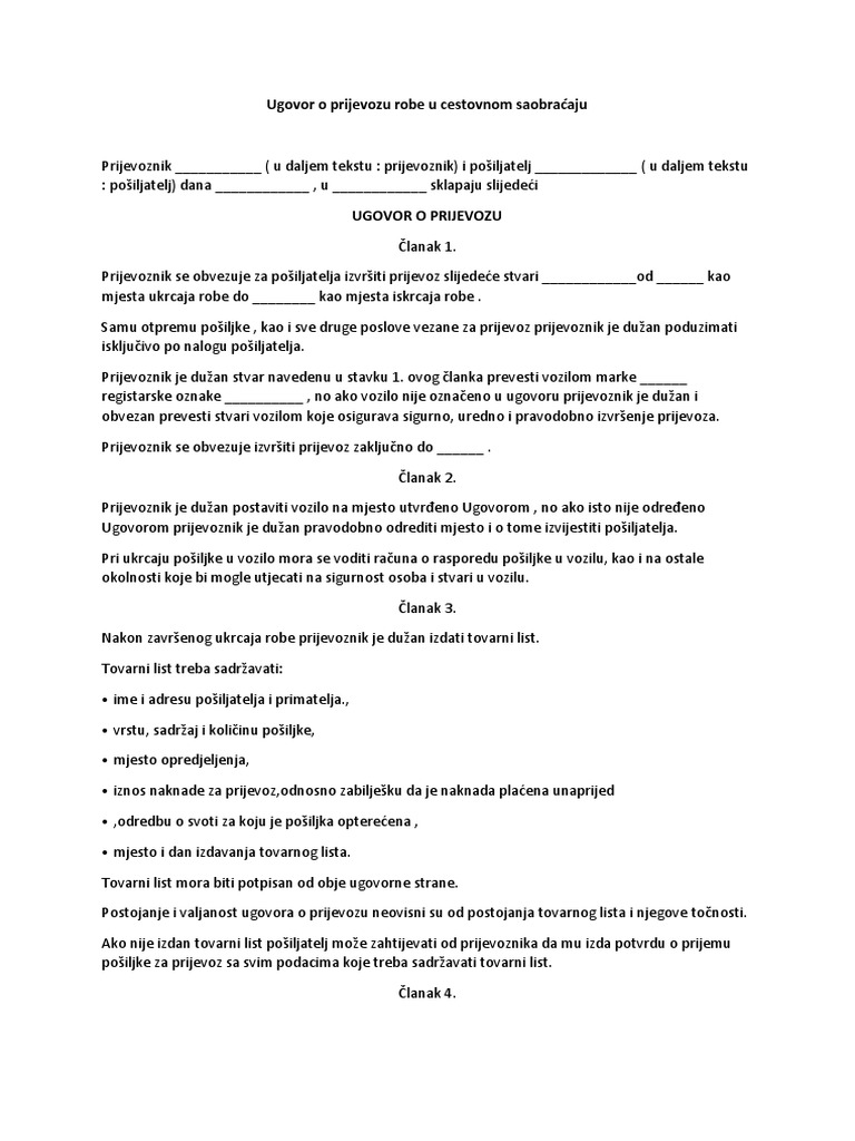 4.ugovor o Prijevozu Robe U Cestovnom Saobraćaju Primjer Ugovora ...