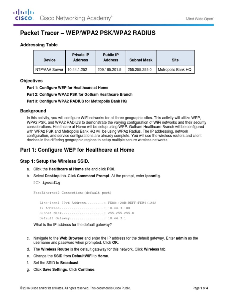 3.3.2.7 Packet Tracer - WEP WPA2 PSK WPA2 RADIUS PDF | PDF | Radius | Wi Fi