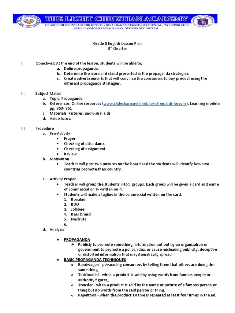 Grade 8 English 3rd Quarter Lesson Plan | PDF | Propaganda | Lesson Plan