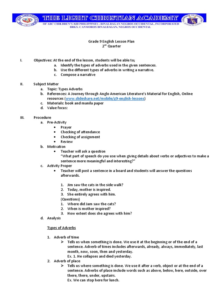 Grade 9 English 2nd Quarter Lesson Plan | PDF | Adverb | English Language