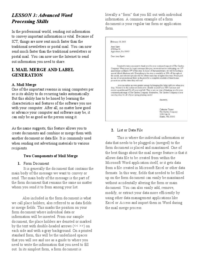 LESSON 3: Advanced Word Processing Skills: I. Mail Merge and Label ...