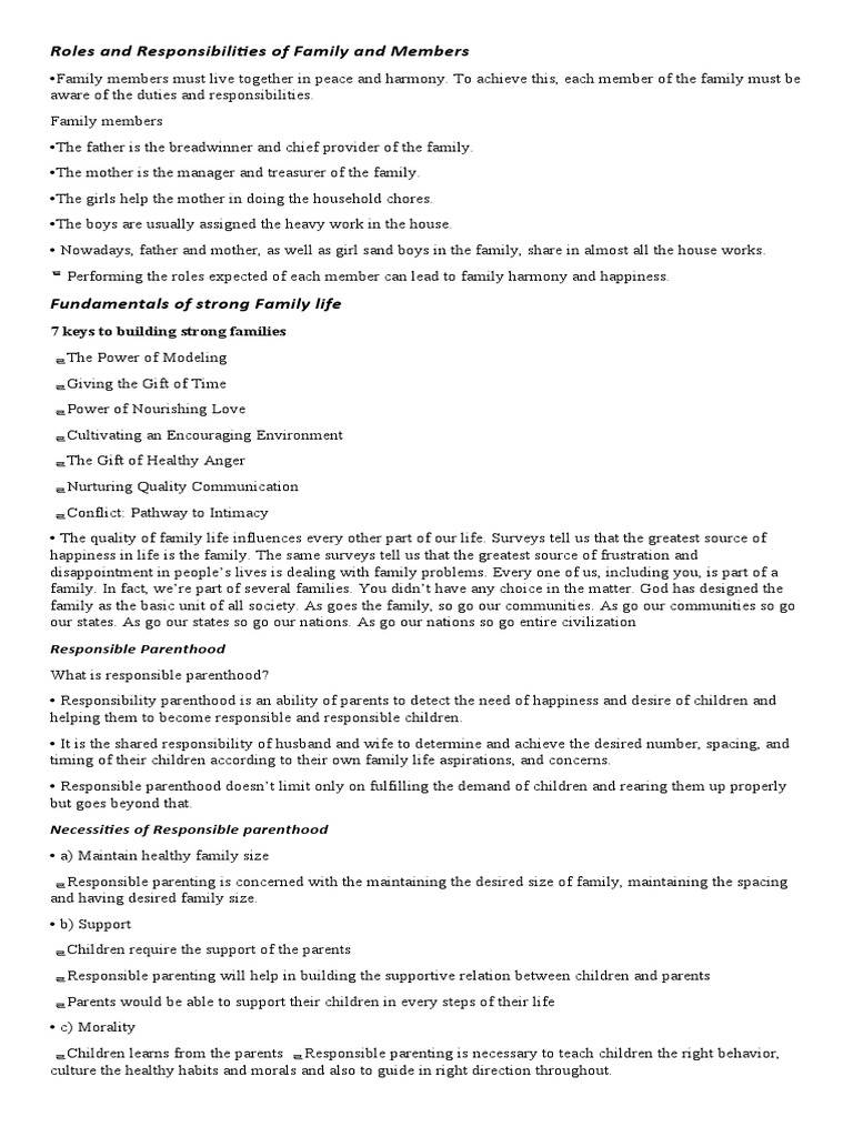 Roles and Responsibilities of Family and Members | PDF | Parenting ...
