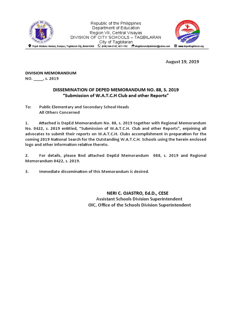 August 19, 2019: Dissemination of Deped Memorandum No. 88, S. 2019 ...
