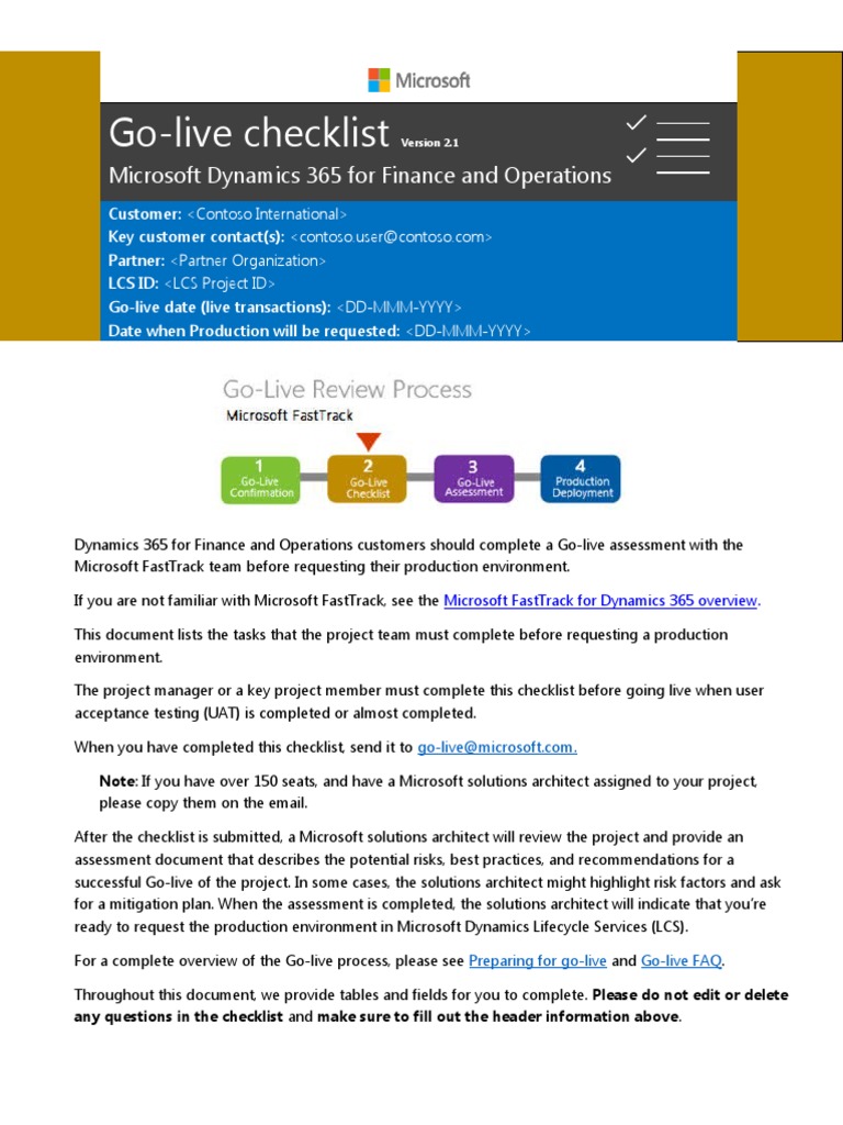 Go-Live Checklist: Microsoft Dynamics 365 For Finance and Operations ...