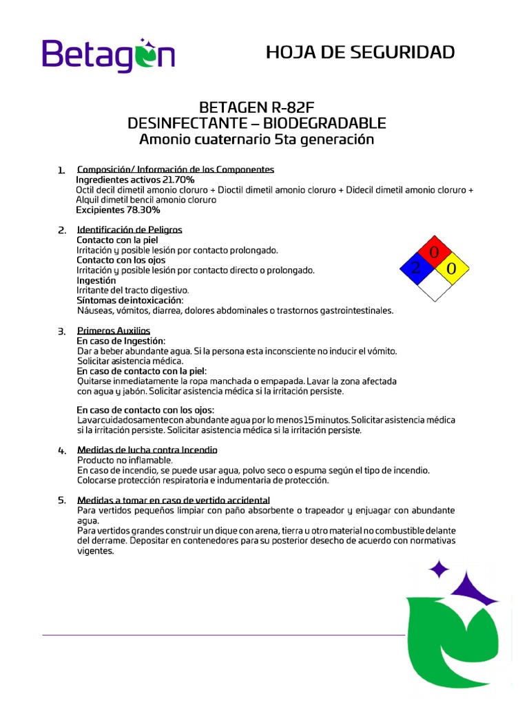 Hoja de Seguridad - Amonio Cuaternario | PDF