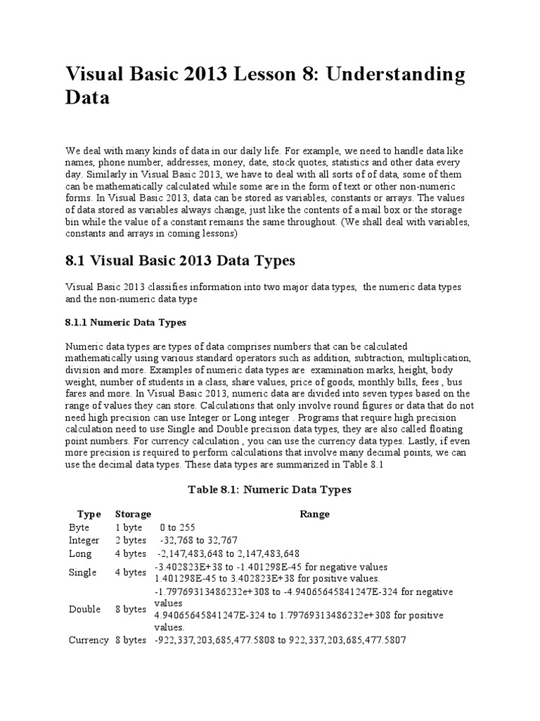 Visual Basic 2013 Lesson 8: Understanding Data | PDF | Data Type ...