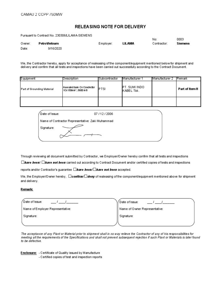 Releasing Note For Delivery BCC | PDF