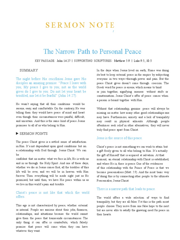 Sermon Note: The Narrow Path To Personal Peace | PDF | Peace | Guilt ...