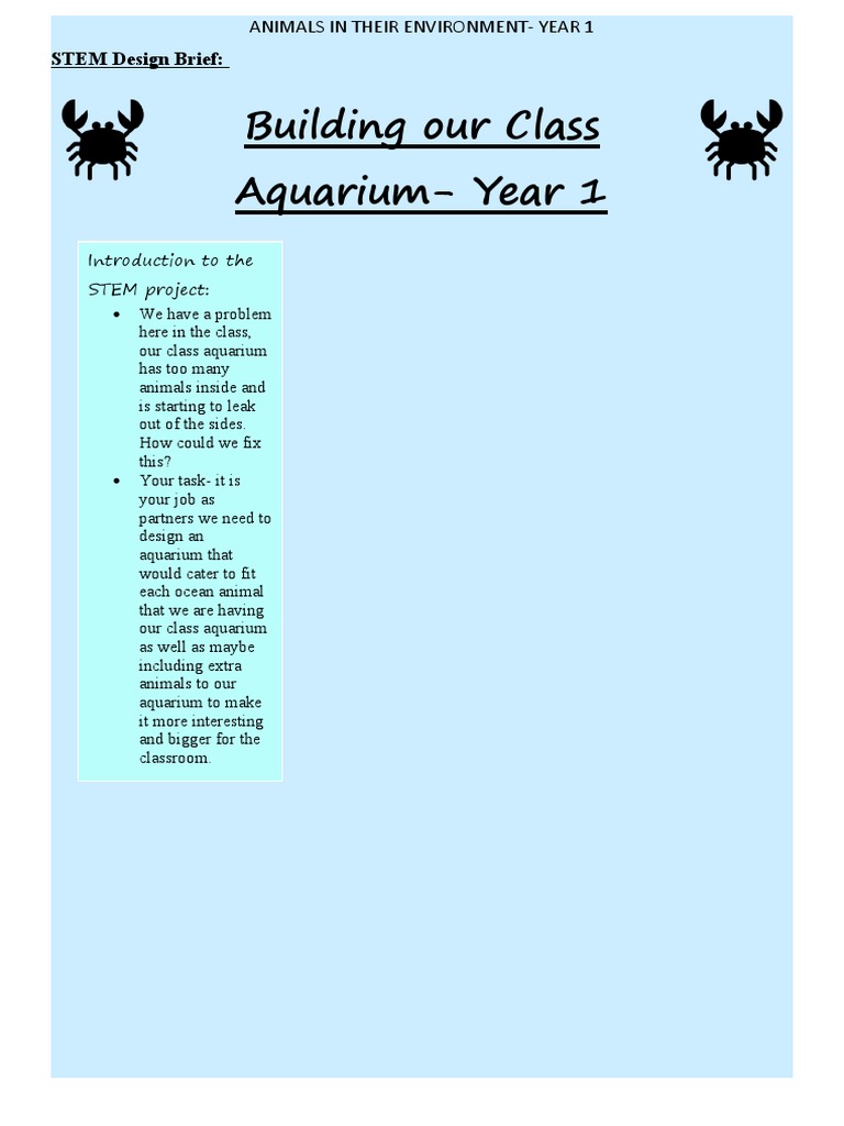 Building Our Class Aquarium-Year 1: STEM Design Brief | PDF | Learning ...